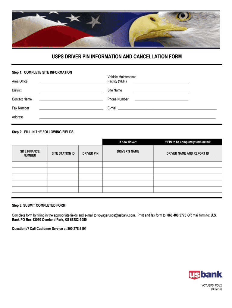 Fillable Online USPS DRIVER PIN INFORMATION AND CANCELLATION FORM ...