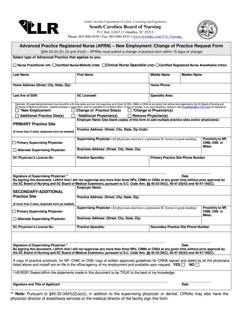 Fillable Online Advanced Practice Registered Nurse (APRN) New Employment Change of Practice ...