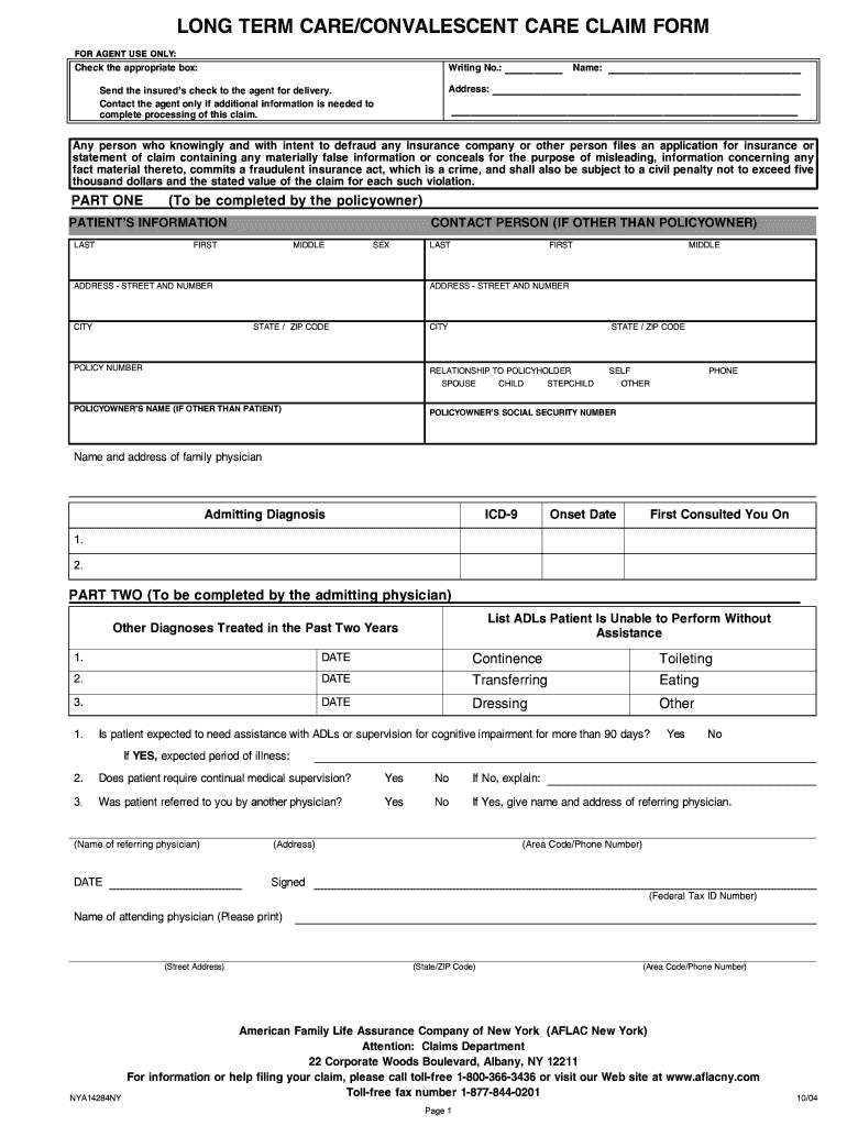 Fillable Online LONG TERM CARECONVALESCENT CARE CLAIM FORM Fax Email ...