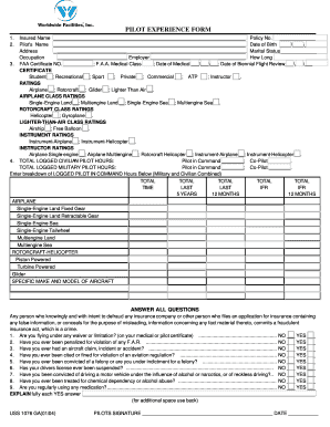 Fillable Online SPECIALTY INSURANCE COMPANY PILOT EXPERIENCE FORM 1 Fax ...