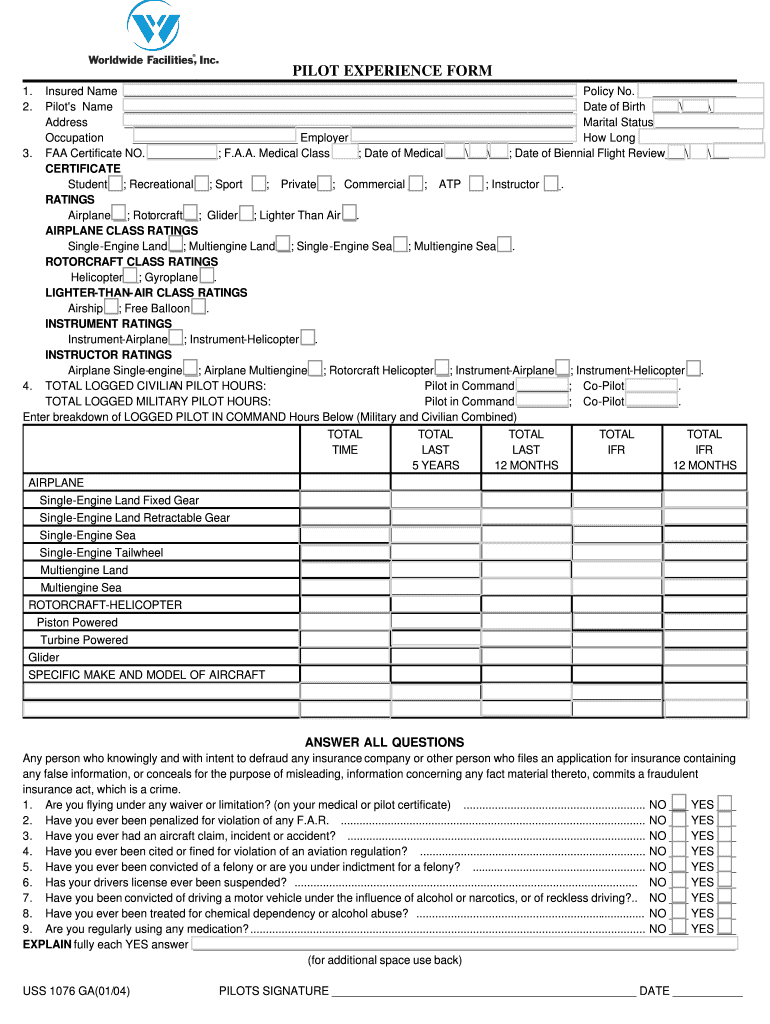 Fillable Online SPECIALTY INSURANCE COMPANY PILOT EXPERIENCE FORM 1 Fax ...
