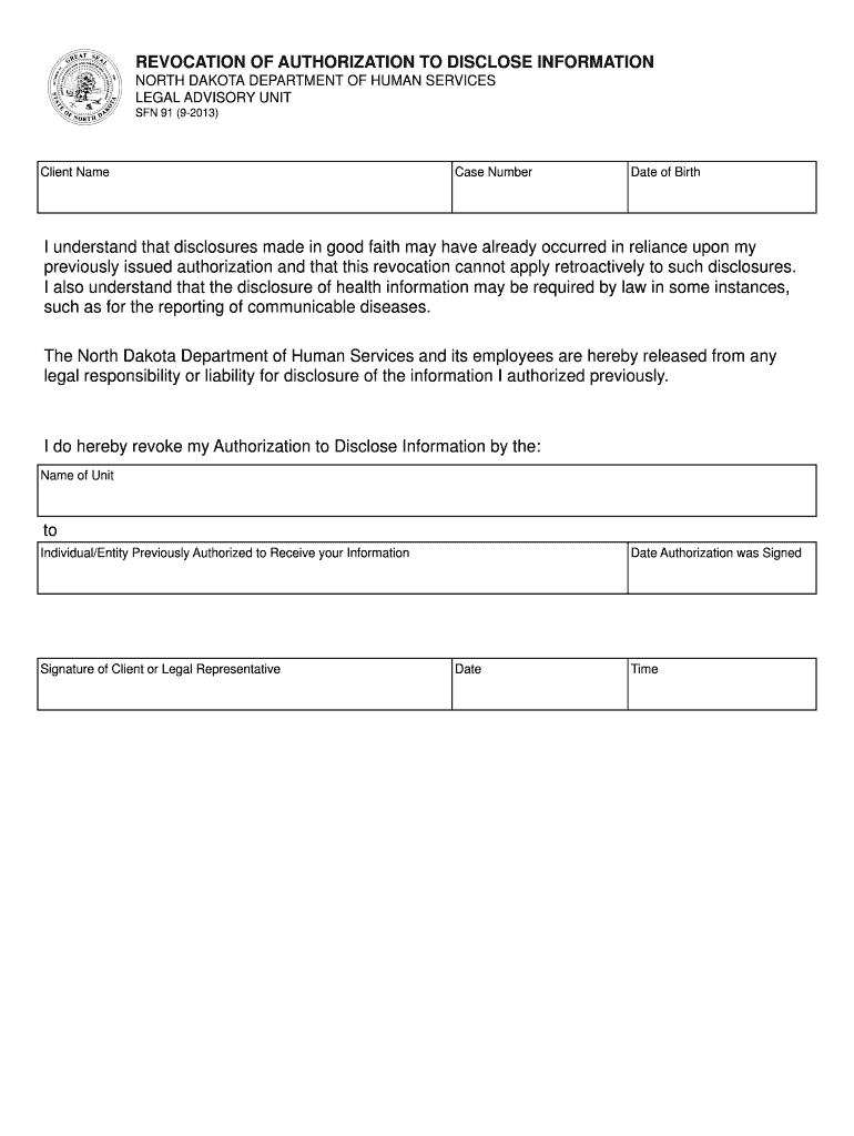 Fillable Online nd REVOCATION OF AUTHORIZATION TO DISCLOSE INFORMATION ...