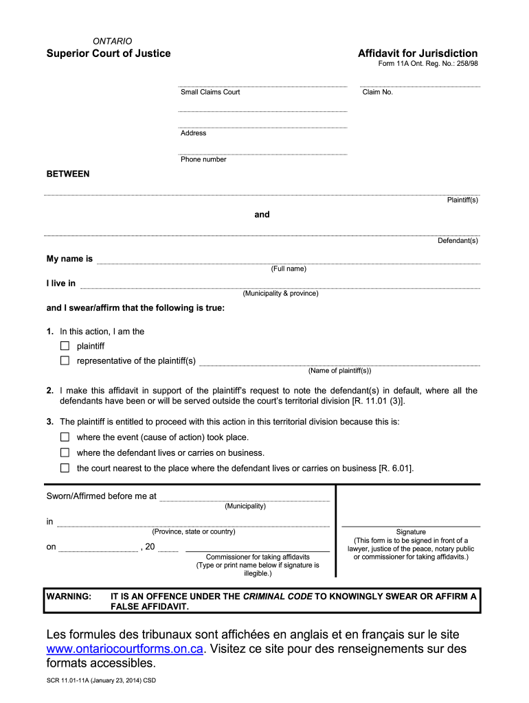 Fillable Online ontariocourtforms on SCR 11.01-11A. Form 11A, Affidavit ...