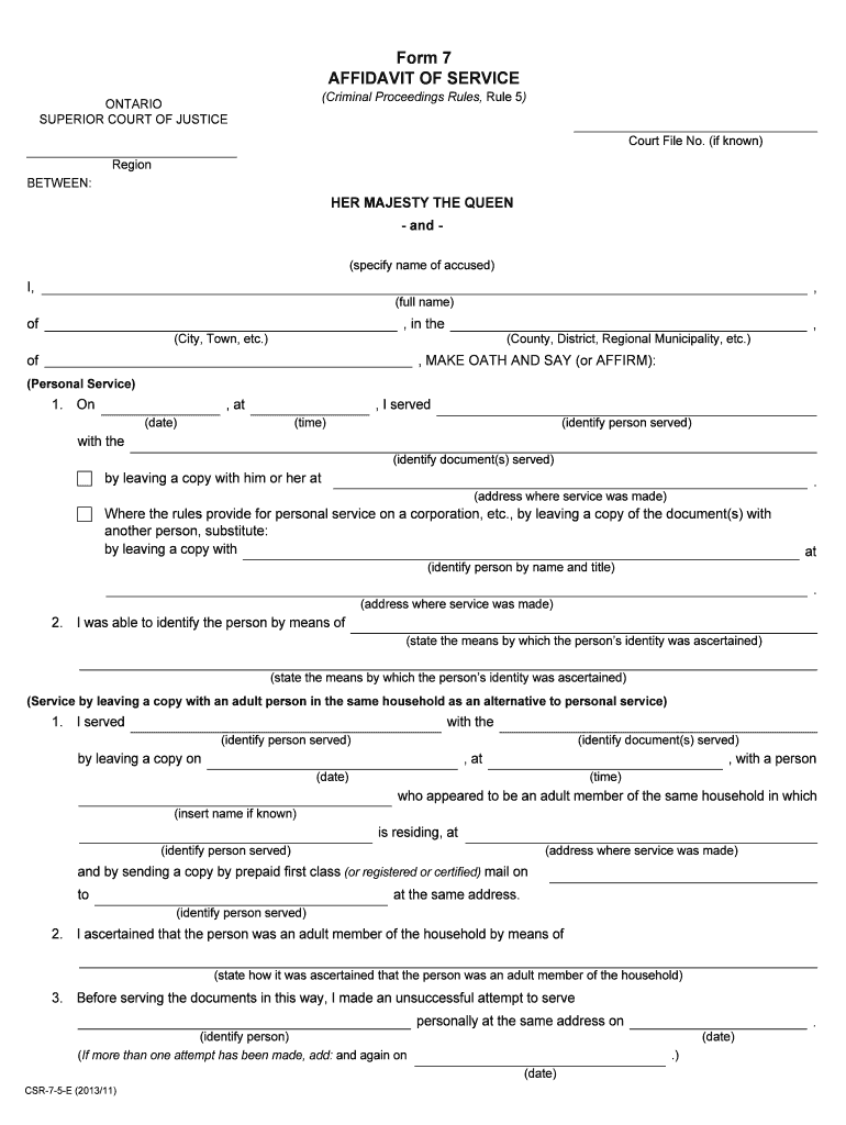 Fillable Online ontariocourtforms on Form 7 AFFIDAVIT OF SERVICE Form 7 ...