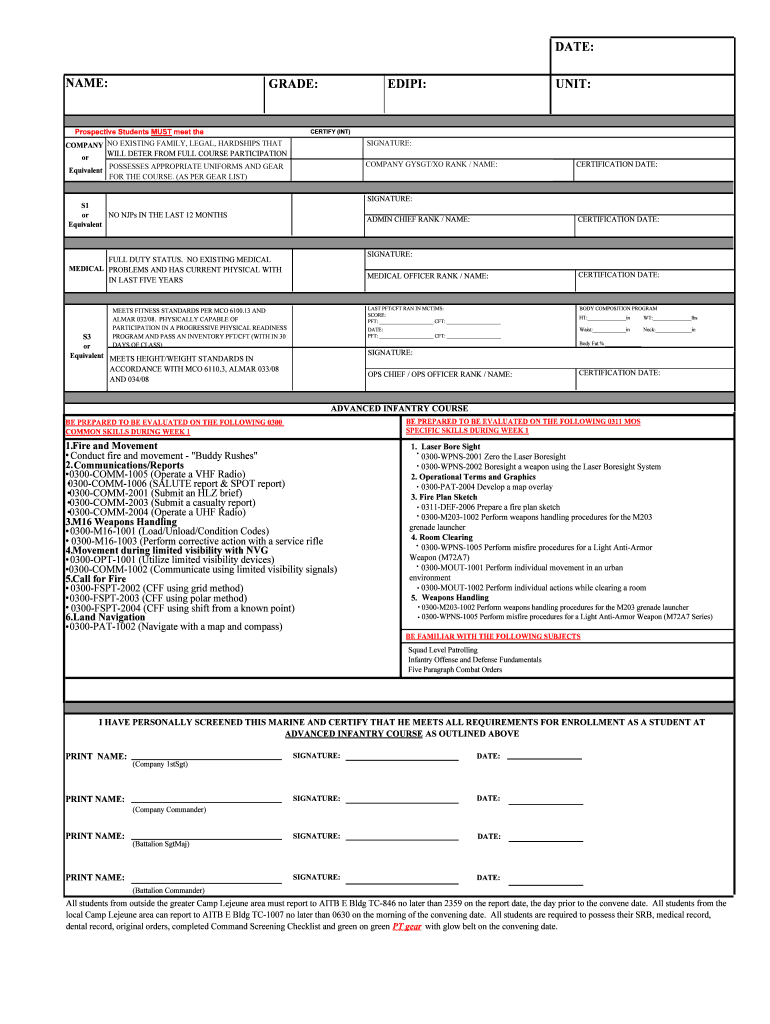 Fillable Online DATE NAME GRADE EDIPI UNIT - USMC Training and Fax ...