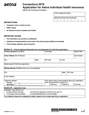 Fillable Online Connecticut 2016 Application for Aetna Individual ...