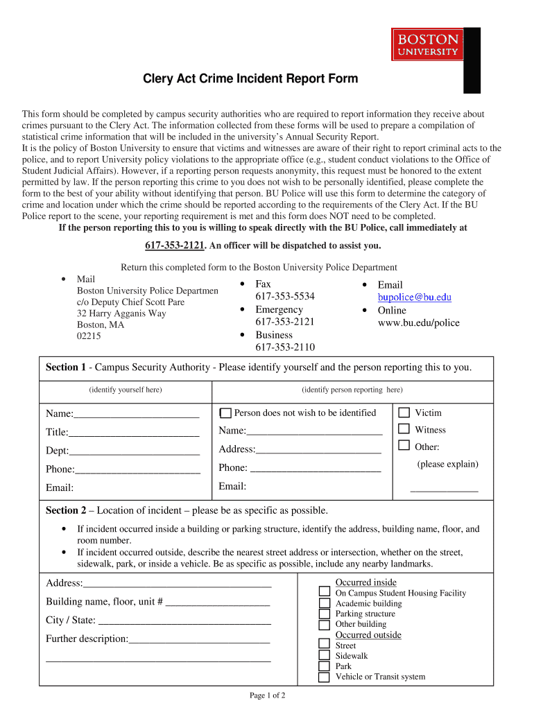 Fillable Online bu Clery Act Crime Incident Report Form - Boston ...