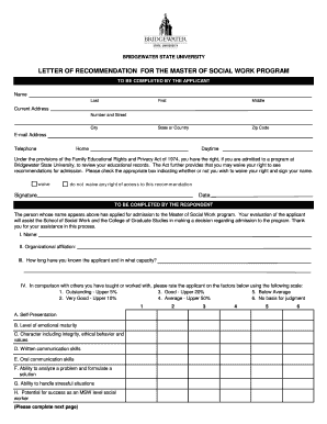 Fillable Online bridgew LETTER OF RECOMMENDATION FOR THE MASTER OF ...