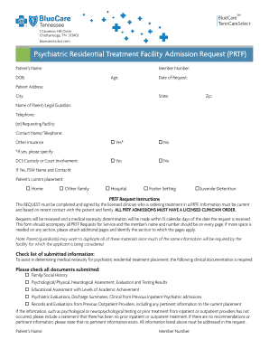 Fillable Online Psychiatric Residential Treatment Facility Admission ...
