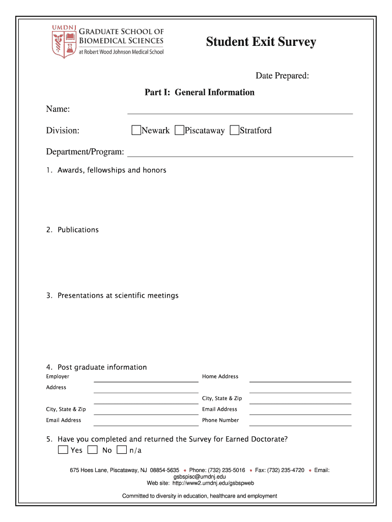 Fillable Online rwjms umdnj Student Exit Survey - Robert Wood Johnson ...