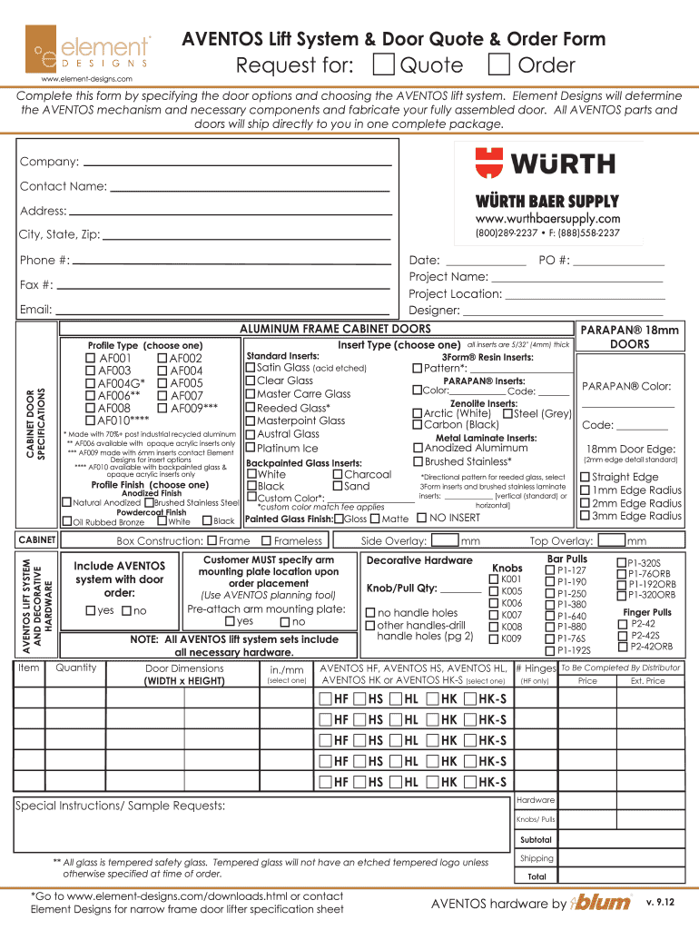 Fillable Online Aventos Aluminum Door Order Form Page 1 v9 - Baer ...
