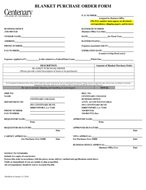 Fillable Online centenary BLANKET PURCHASE ORDER FORM - centenaryedu Fax Email Print - pdfFiller