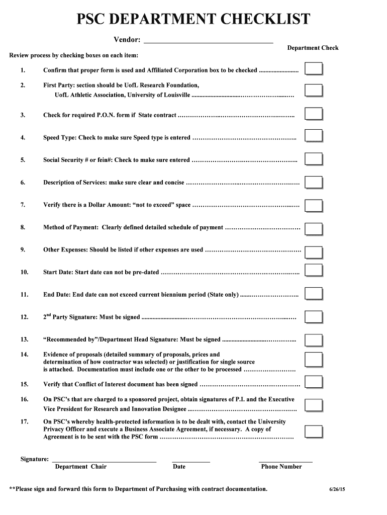 Fillable Online louisville PSC DEPARTMENT CHECKLIST - University of ...