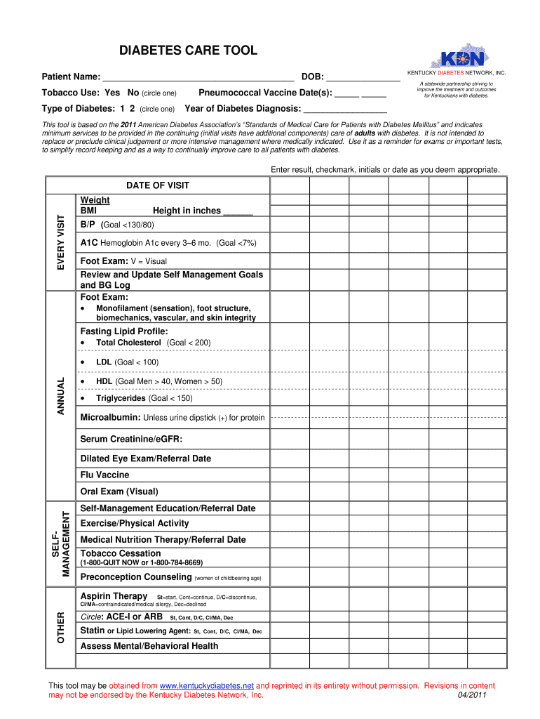 Fillable Online chfs ky DIABETES CARE TOOL - Kentucky - chfs ky Fax ...