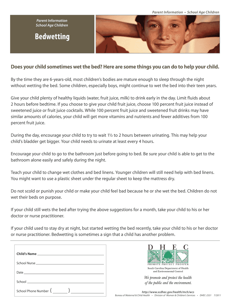 Fillable Online dhec sc Parent Info Bedwetting - South Carolina Fax Email Print - pdfFiller