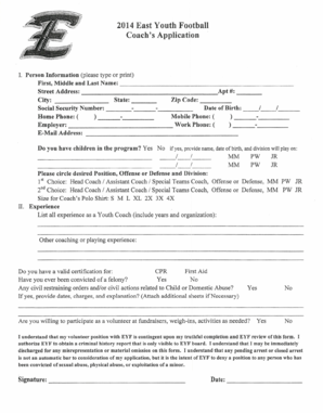 Fillable Online 2014 East Youth Football Coach39s Application Fax Email ...