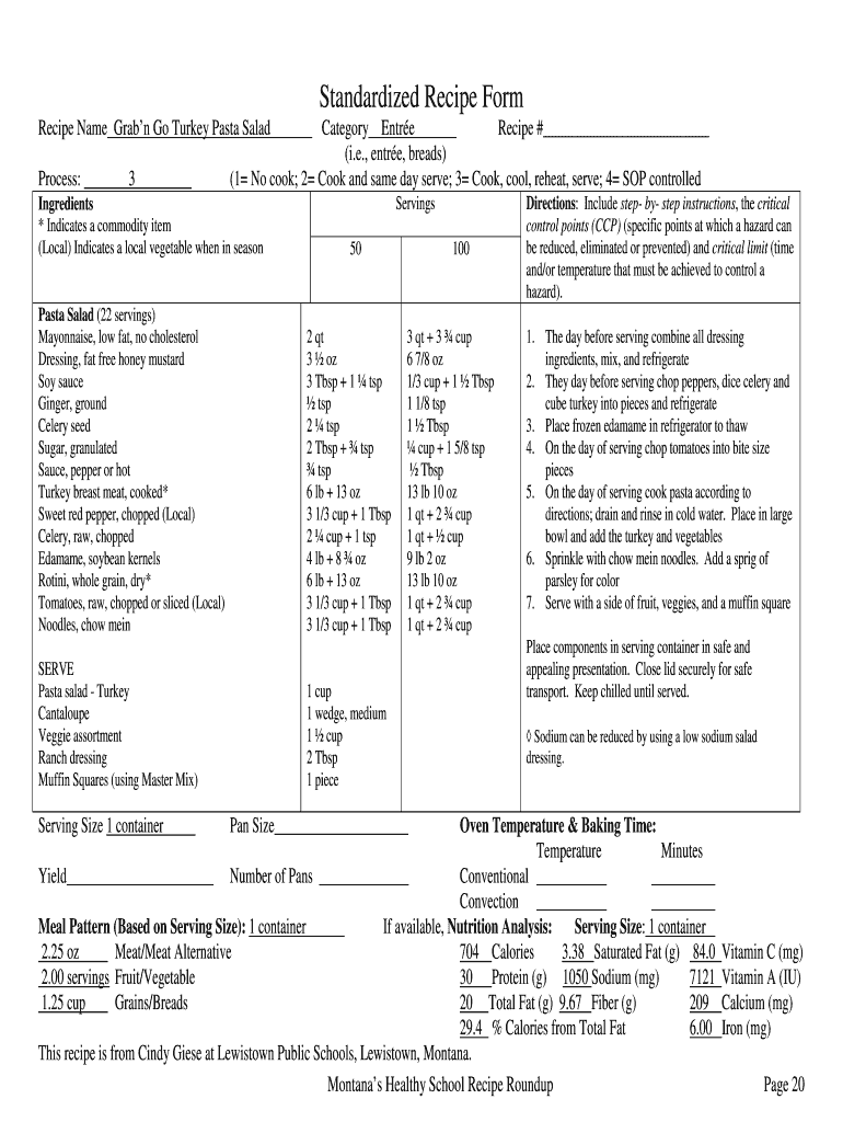 Fillable Online opi mt Standardized Recipe Form - Montana Office of ...