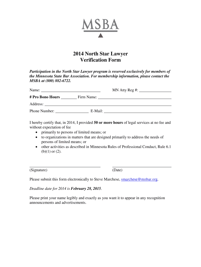 Fillable Online mnbar 2014 North Star Lawyer Verification Form Fax Email Print - pdfFiller