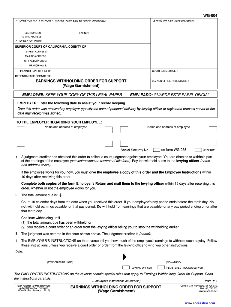 Fillable Online EARNINGS WITHHOLDING ORDER FOR SUPPORT Fax Email Print ...