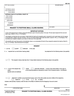 Fillable Online REQUEST TO POSTPONE SMALL CLAIMS HEARING Free Online ...
