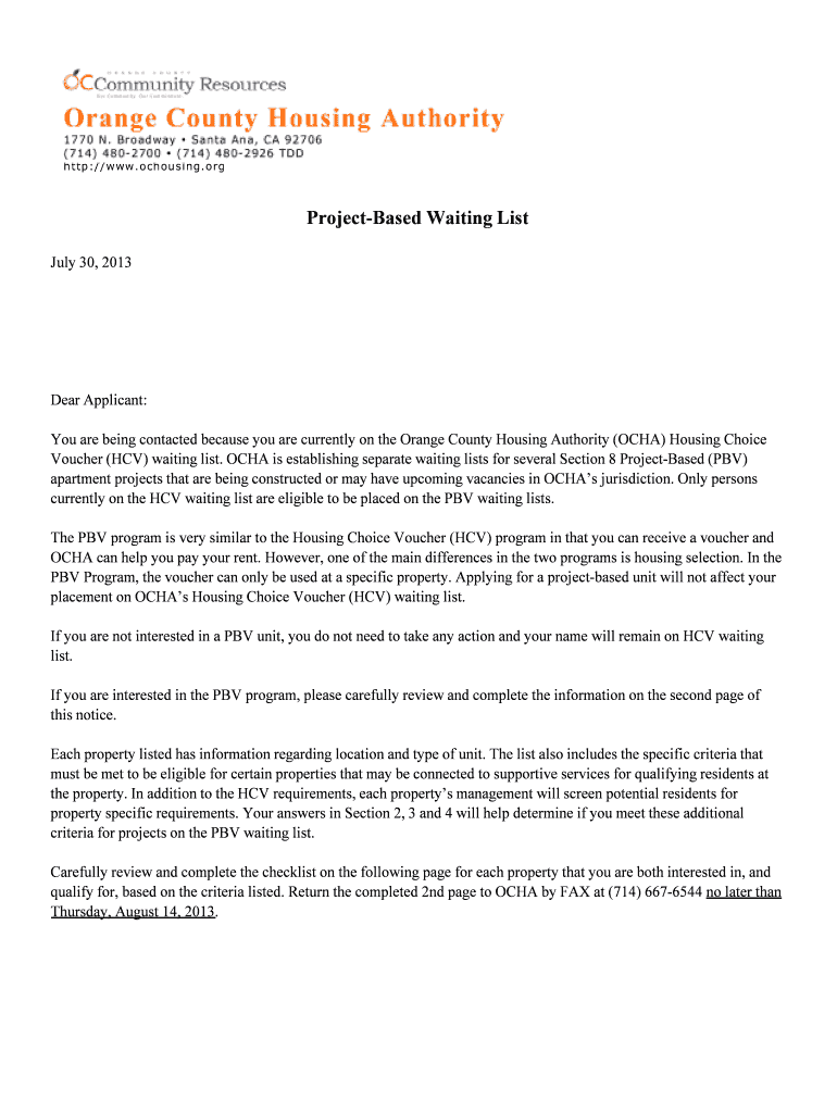 Fillable Online Project-Based Waiting List Fax Email Print - pdfFiller