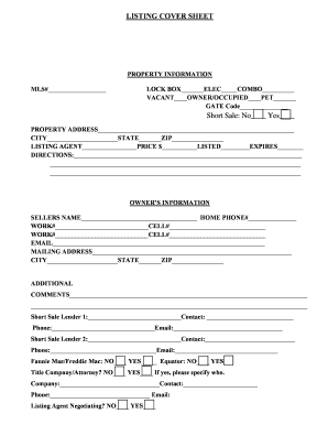 Fillable Online LISTING COVER SHEET - isvrnet Fax Email Print - pdfFiller