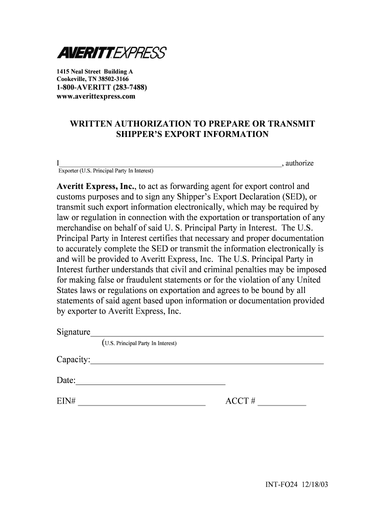 Fillable Online WRITTEN AUTHORIZATION TO PREPARE OR TRANSMIT SHIPPERS ...