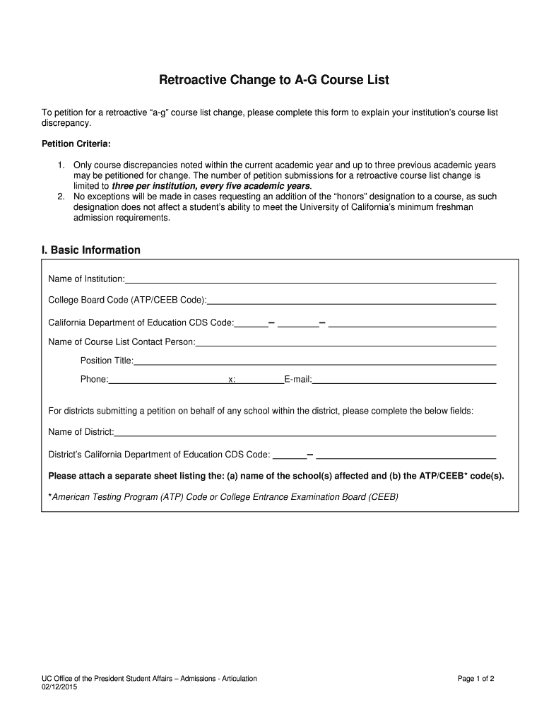 Fillable Online ucop Retroactive Change to A-G Course List Fax Email ...