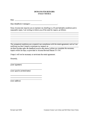 Fillable Online coconino az DEMAND FOR REPAIRS: 10 DAY NOTICE Date ...