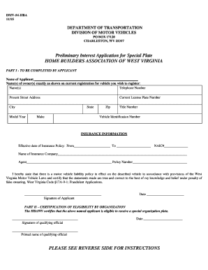 Fillable Online transportation wv Preliminary Interest Application for Special Plate HOME Fax ...