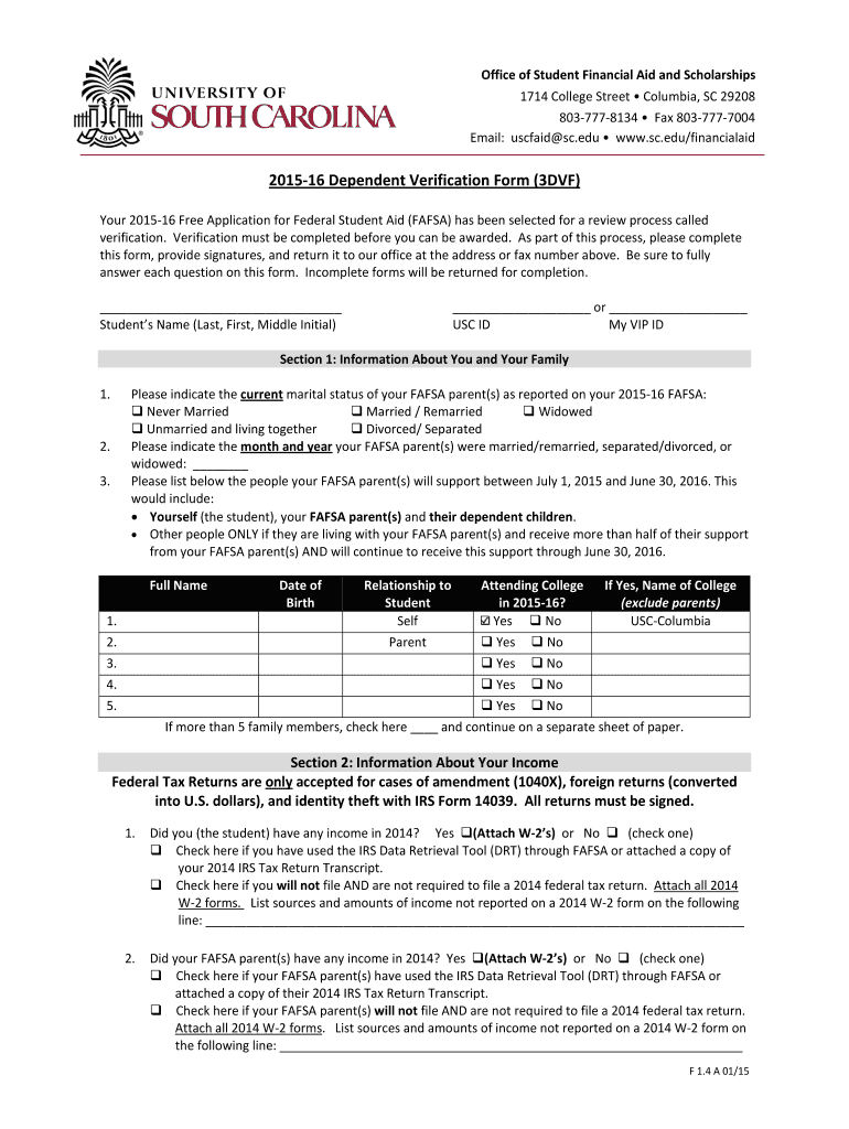 Fillable Online sc 2015-16 Dependent Verification Form 3DVF Fax Email ...