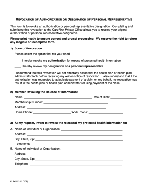 Fillable Online Revocation Authorization Personal Rep Designation ...