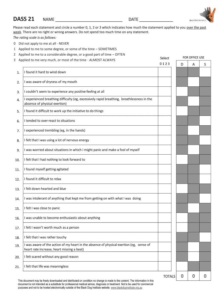 Fillable Online loyola DASS 21 NAME DATE - loyolaedu Fax Email Print ...