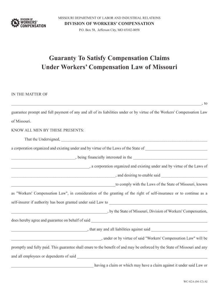 Fillable Online labor mo Guaranty To Satisfy Compensation Claims Under ...