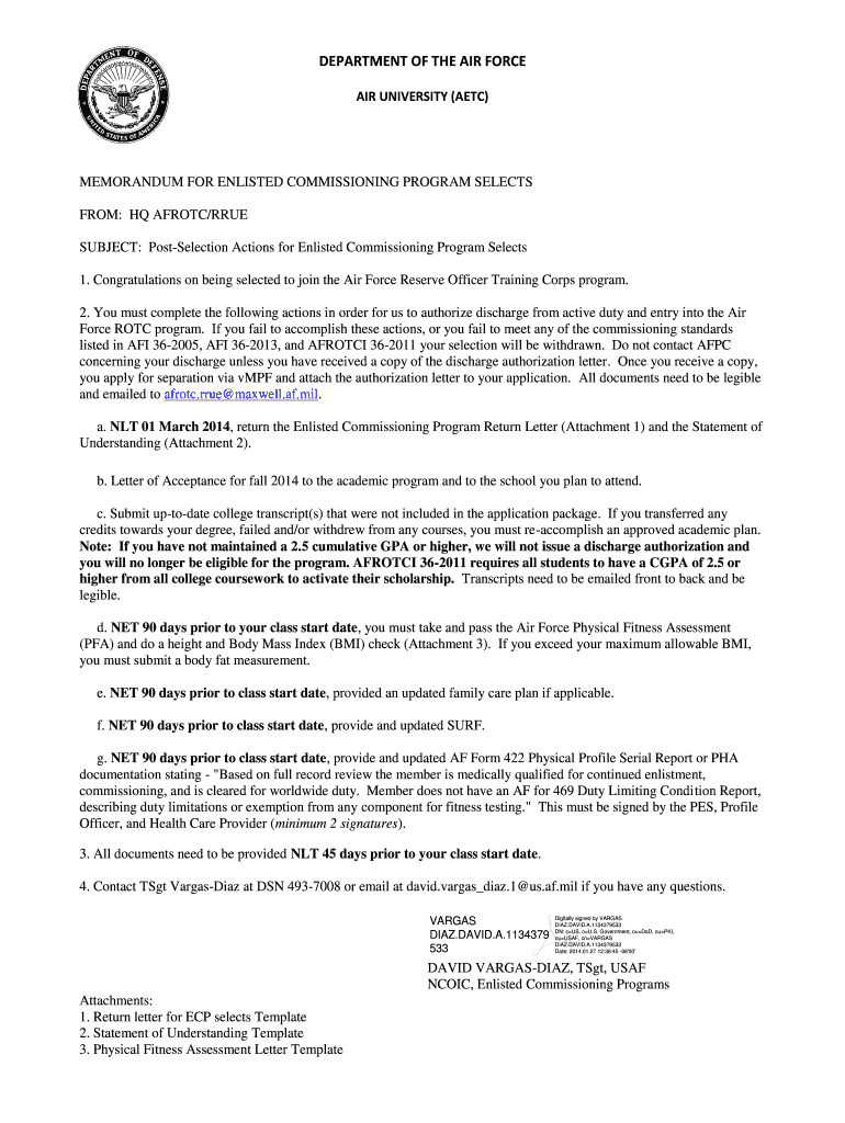 Fillable Online au af MEMORANDUM FOR ENLISTED COMMISSIONING PROGRAM ...