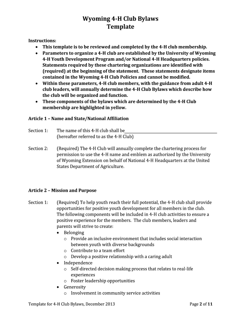 Fillable Online uwyo Wyoming 4-H Youth Development Template for 4-H Club Bylaws - uwyo Fax Email ...