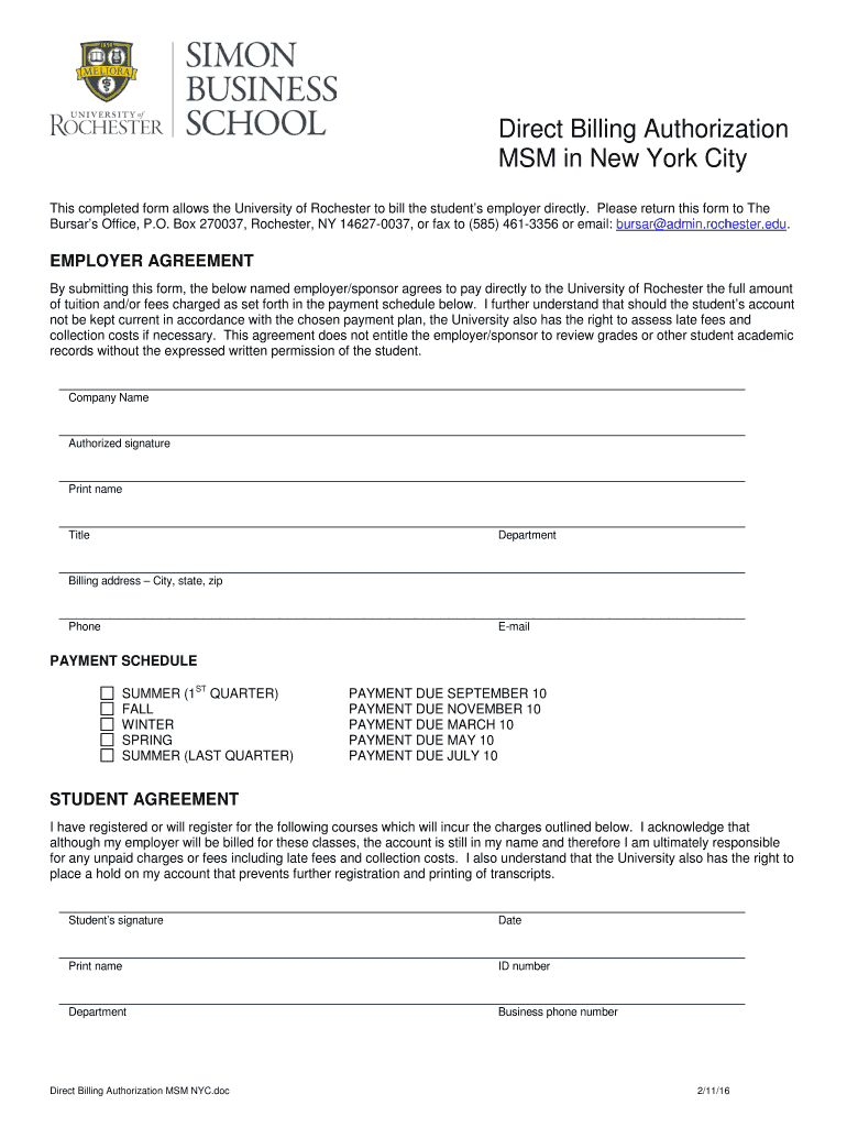 Fillable Online rochester Direct Billing Authorization Fax Email Print ...