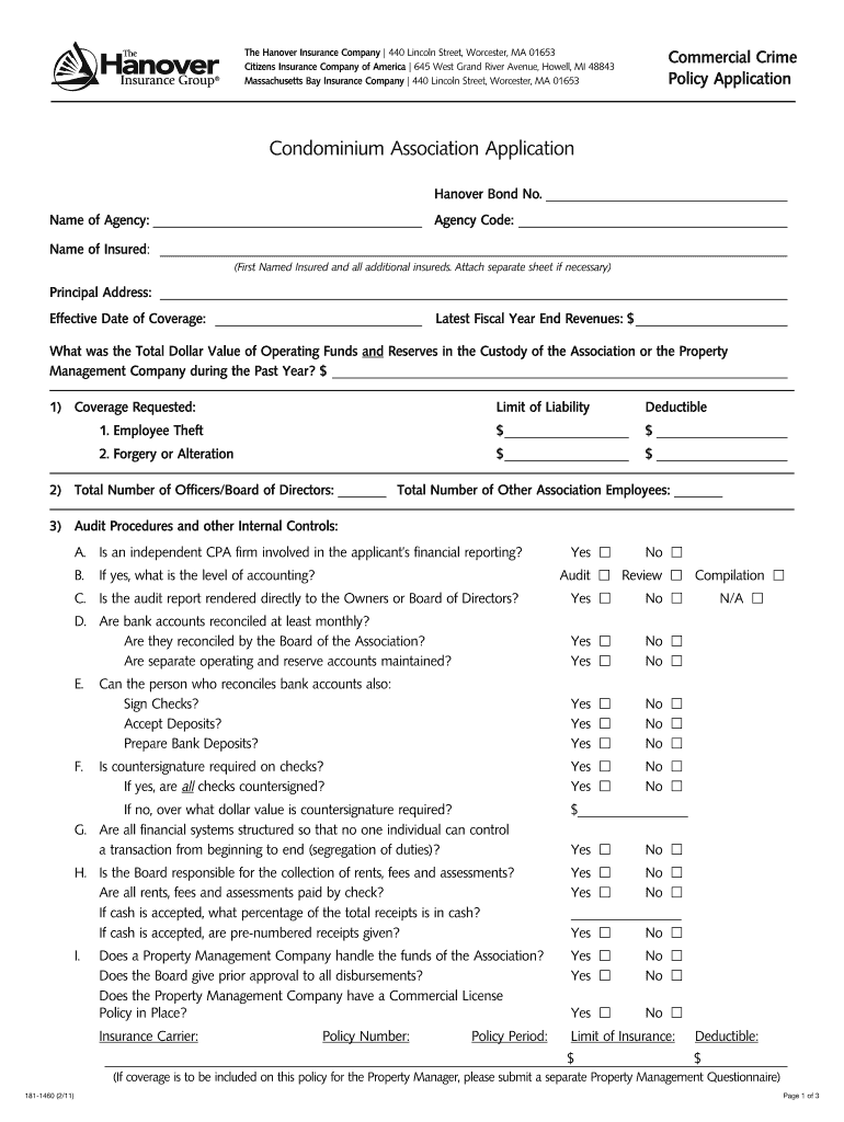 Fillable Online Condominium Association Application - Hanover Insurance ...