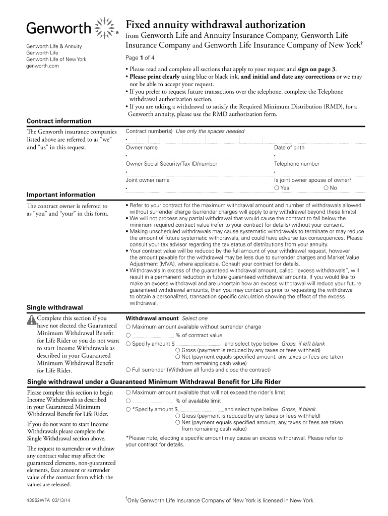 Fillable Online Fixed annuity withdrawal authorization - Genworth Fax ...