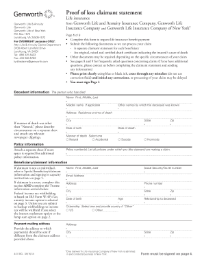 Fillable Online Proof of loss claimant statement - Genworth Financial ...