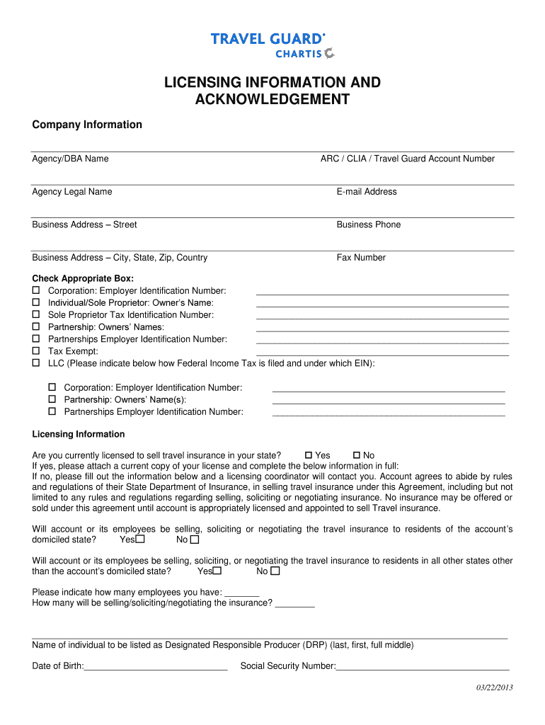 Fillable Online LICENSING INFORMATION AND ACKNOWLEDGEMENT - Travel ...