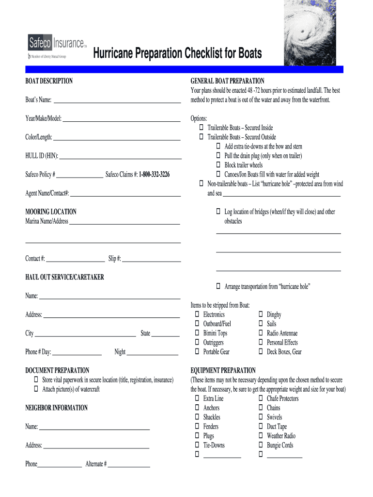 Fillable Online Hurricane Preparation Checklist for Boats - Safeco Fax ...