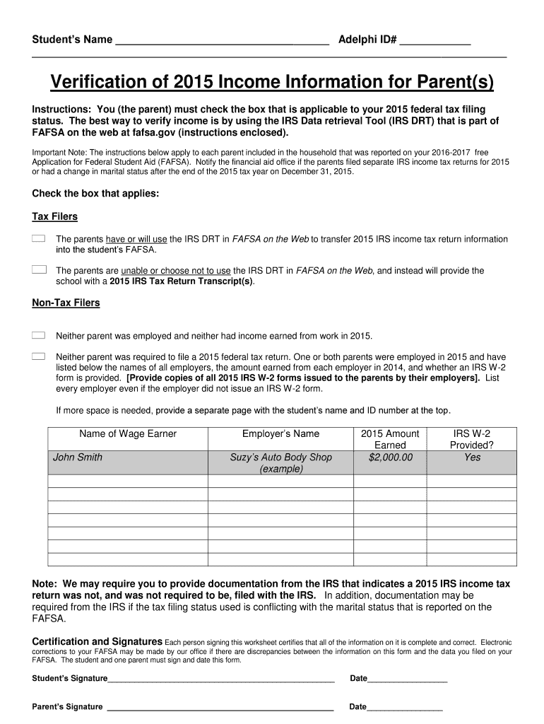 Fillable Online adelphi Verification of Income of Parents 2015 Parent ...