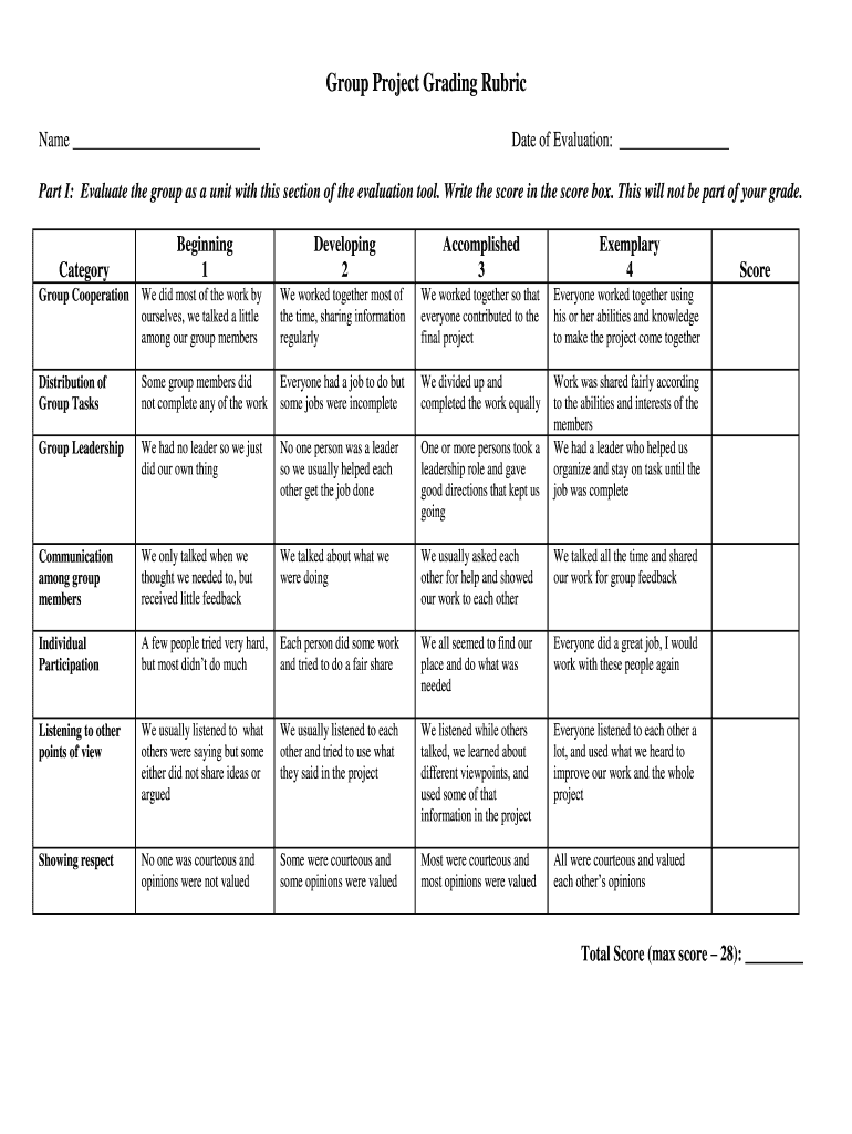 Project Rubric Fill Online Printable Fillable Blank PdfFiller