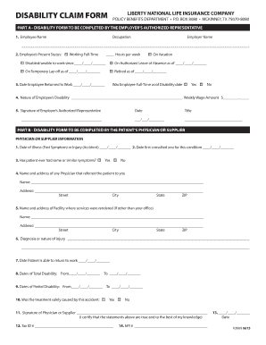 Fillable Online DISABILITY CLAIM FORM LIBERTY NATIONAL LIFE INSURANCE ...