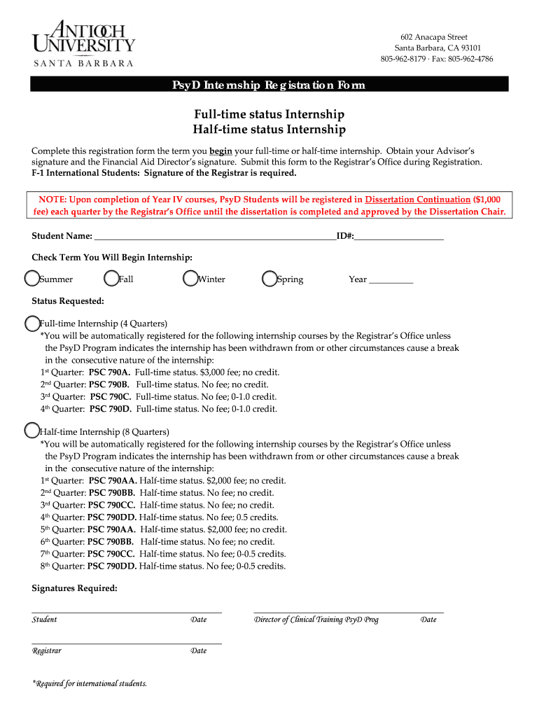 Fillable Online antiochsb PsyD Internship Registration Form Fax Email Print - pdfFiller