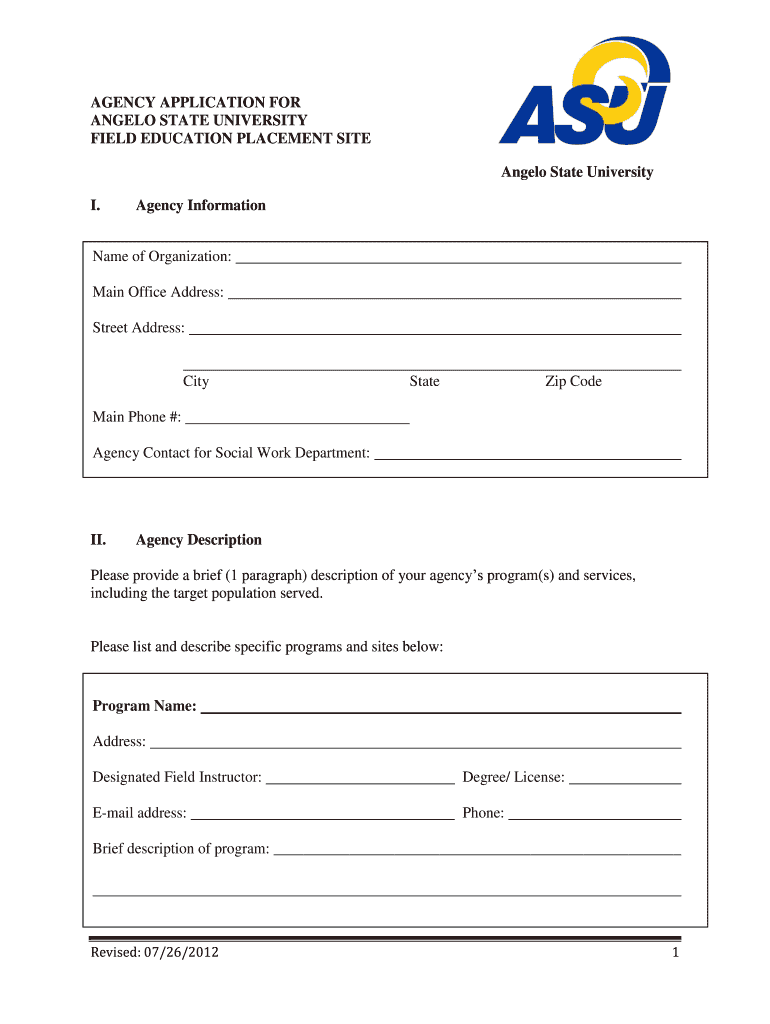 Fillable Online angelo AGENCY APPLICATION FOR ANGELO STATE UNIVERSITY FIELD Fax Email Print ...
