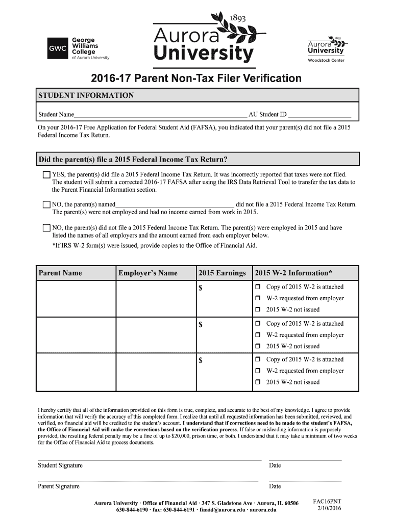 Fillable Online aurora 2016 17 Parent Non Tax Filer Verification - auroraedu Fax Email Print ...