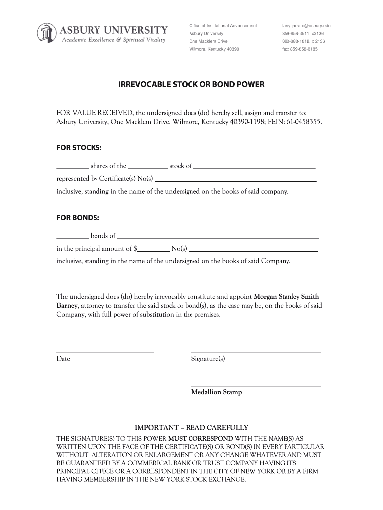 Fillable Online asbury IRREVOCABLE STOCK OR BOND POWER - Asbury University - asbury Fax Email ...