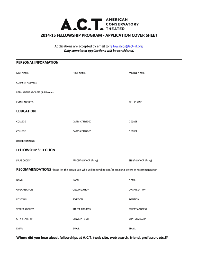 Fillable Online 201415 FELLOWSHIP PROGRAM APPLICATION COVER SHEET ...